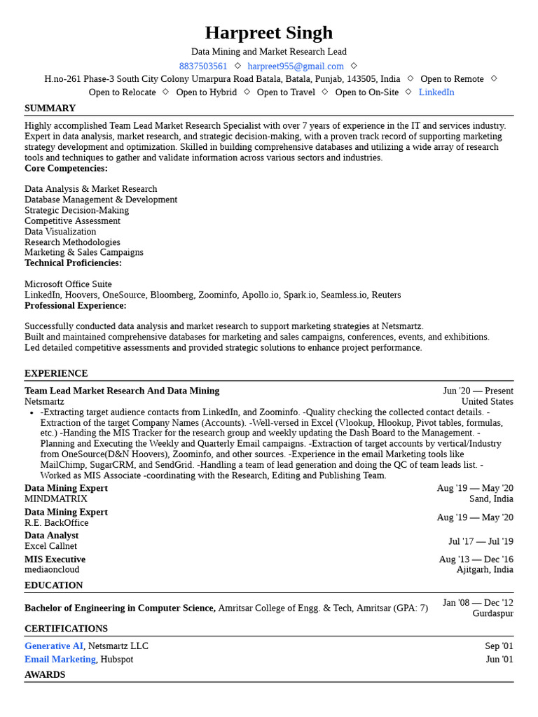 Resume - Harpreet - Singh 16 Dec | PDF | Marketing Research | Linked In