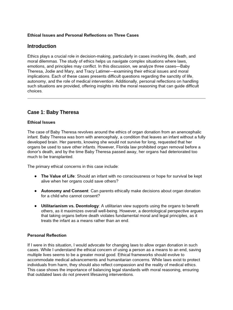Ethical Issues and Personal Reflections On Three Cases | PDF | Medical Ethics | Organ Donation