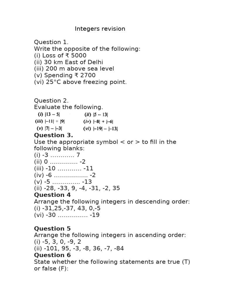 Integers revision worksheet | PDF