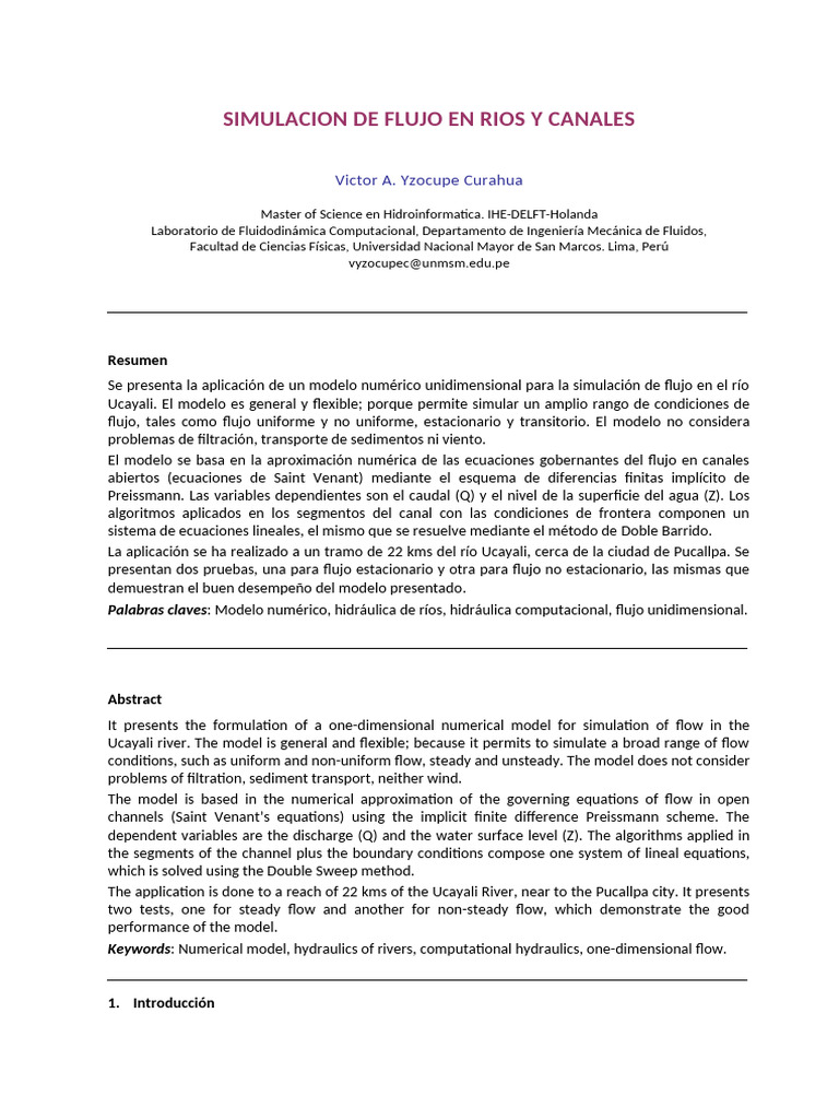 Simulacion de Flujo en Rios y Canales | PDF | Ecuaciones | Canal