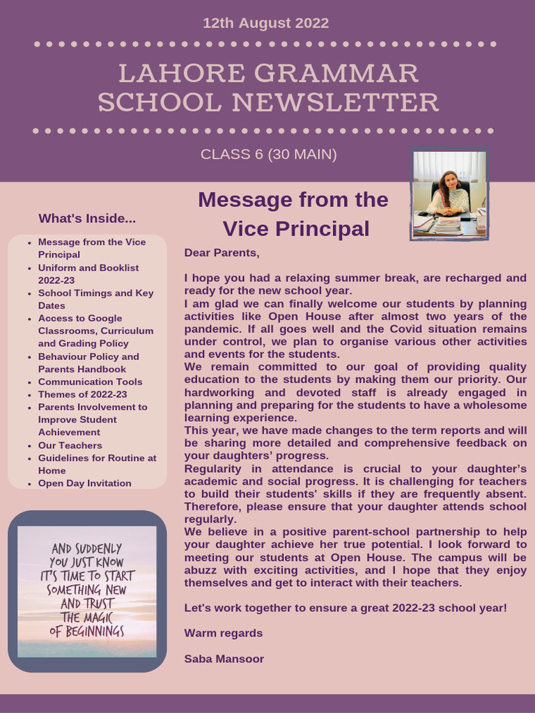 Lahore Grammar School Class 6 Newsletter | PDF | Curriculum | Teachers