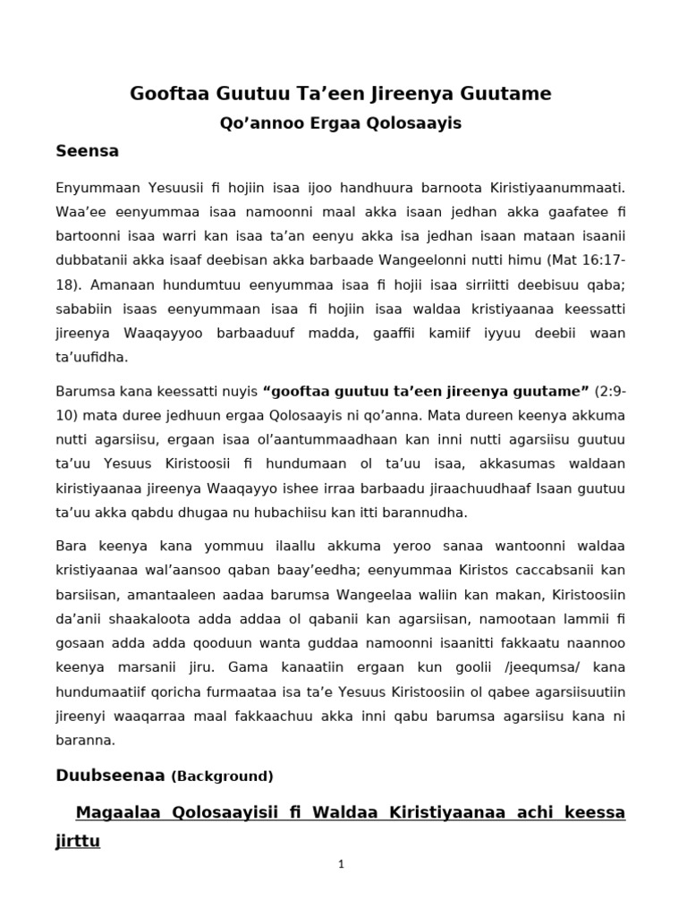 Barnoota Macaafa Qolosaayis Irratti Hundaa'e | PDF