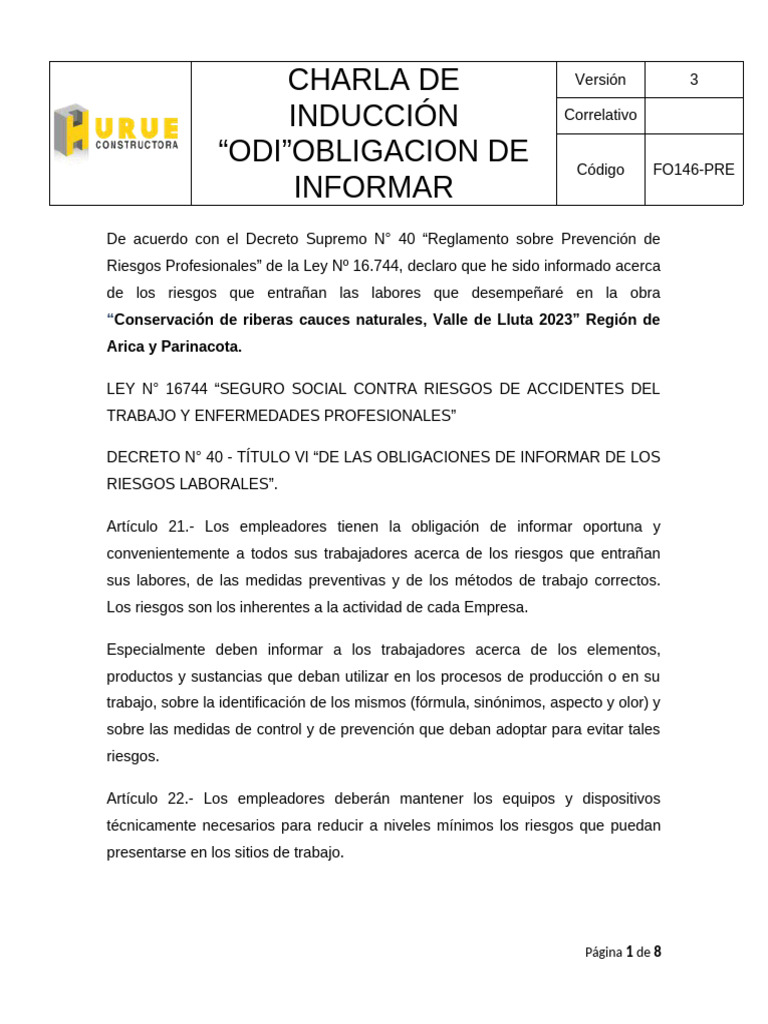 Fo146 Pre Rev3 Odi General | PDF | Seguridad y salud ocupacional