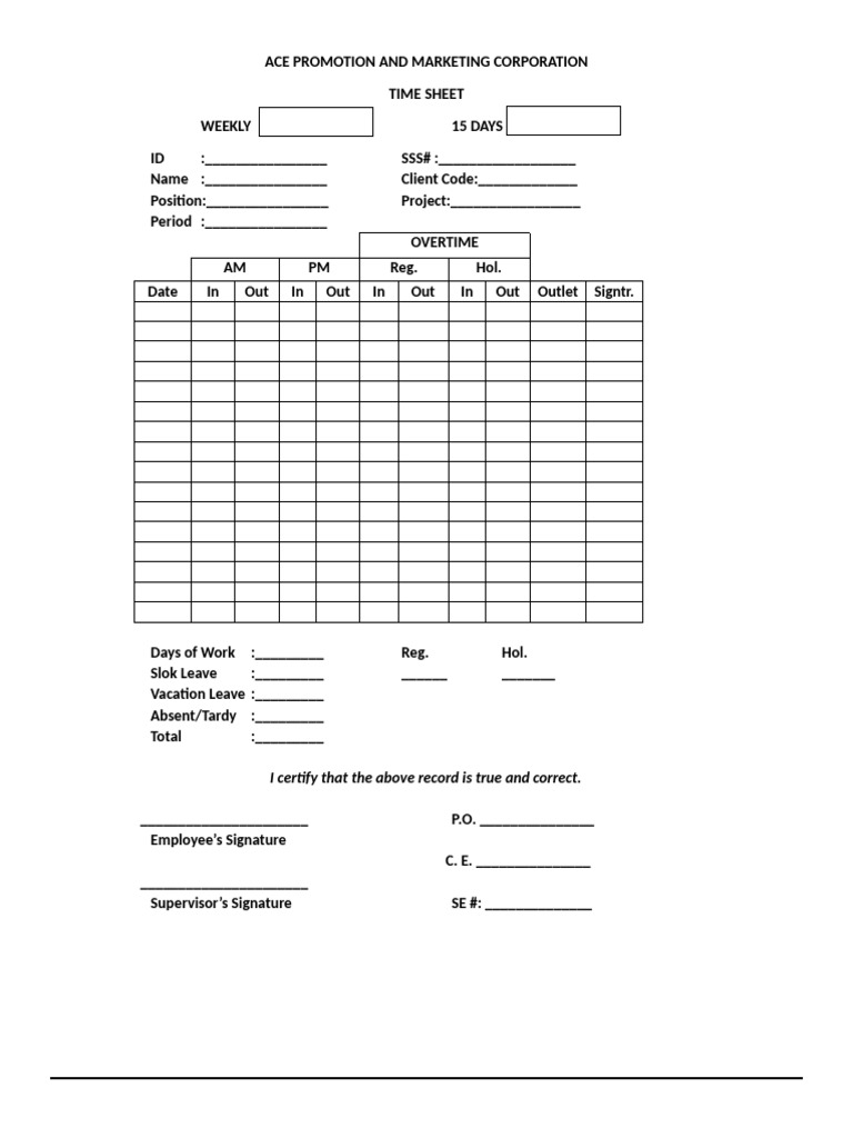 ACE Marketing Weekly Time Sheet Template | PDF
