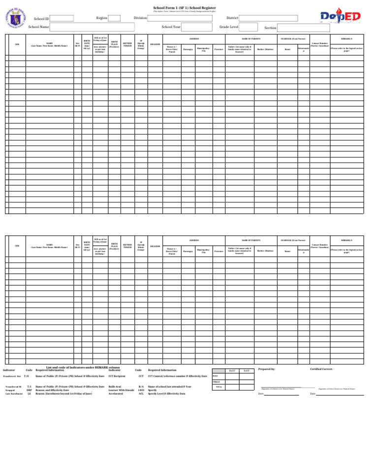 School Form 1 Register Template | PDF