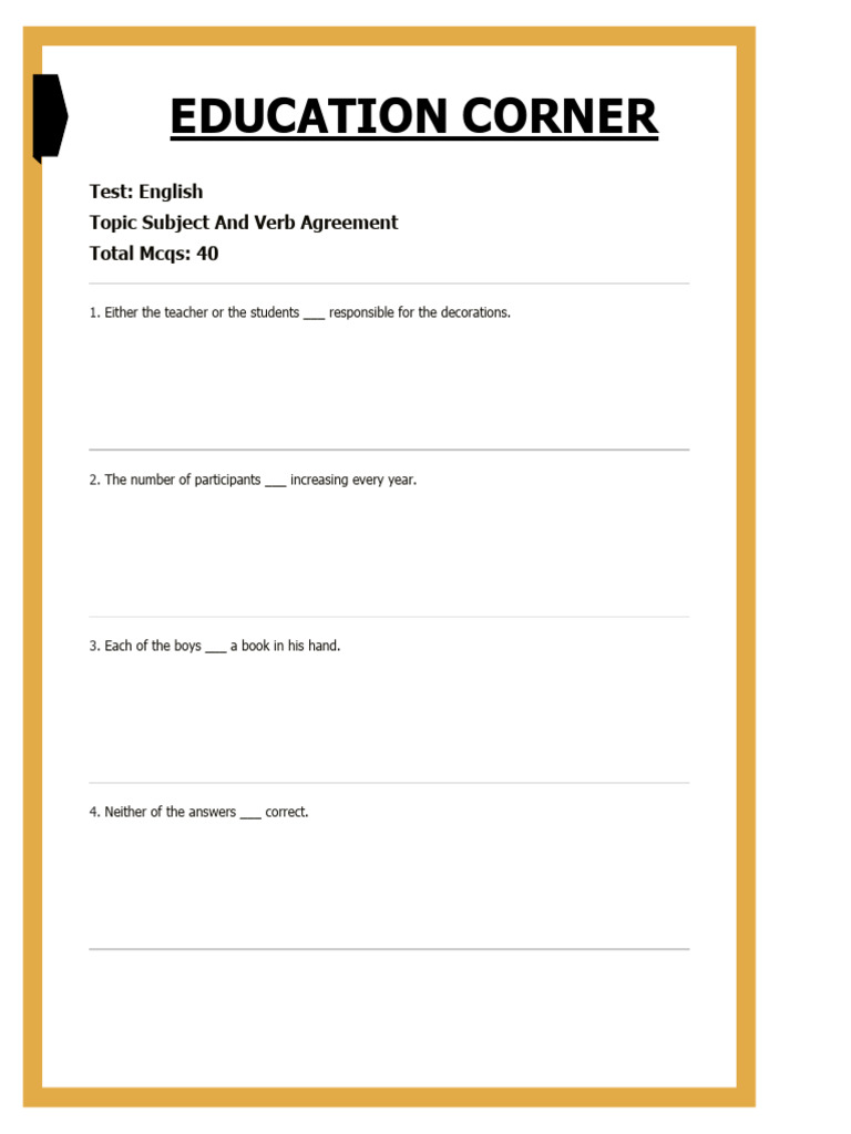 Subject-Verb Agreement Quiz MCQs | PDF | Multiple Choice | Subject ...