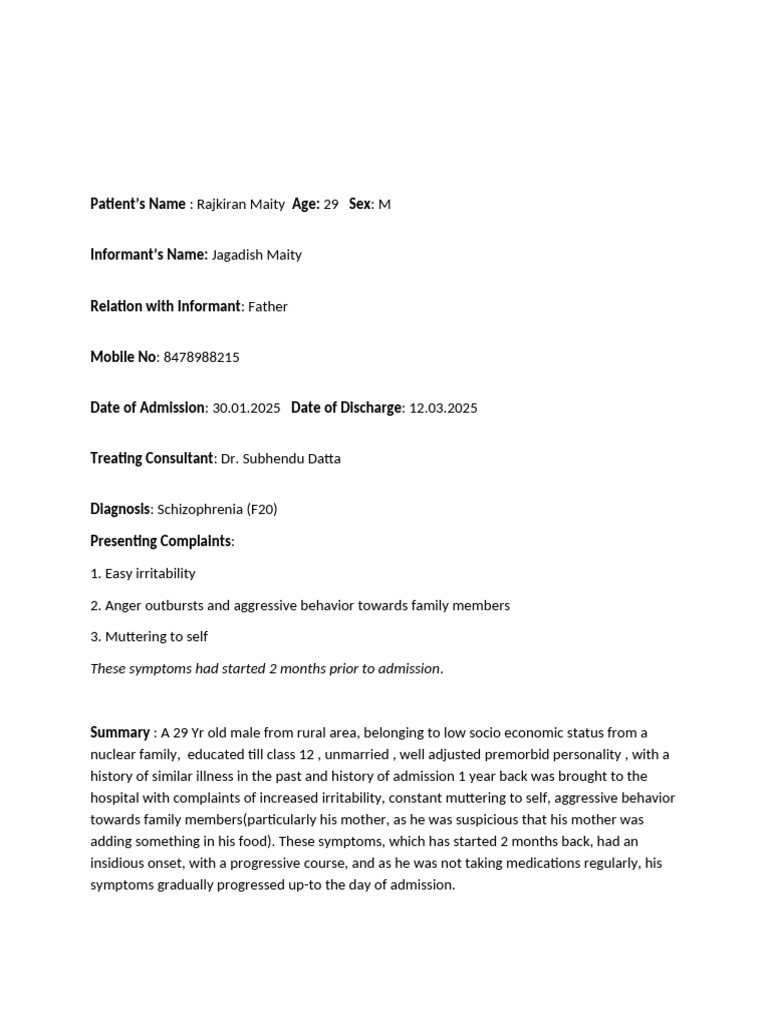 F20 Case Discussion | PDF | Schizophrenia | Diseases And Disorders