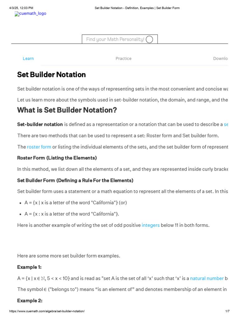 Set Builder Notation - Definition, Examples - Set Builder Form | PDF ...