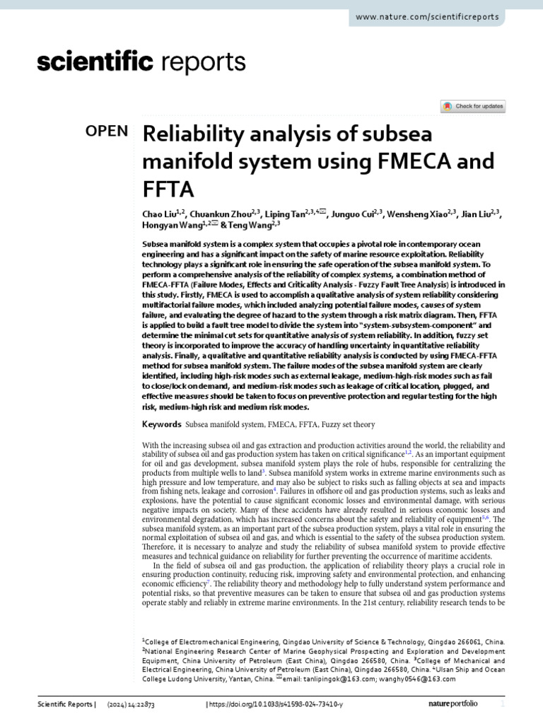 Reliability Analysis of Subsea Manifold System Using FMECA and FFTA | PDF | Reliability ...