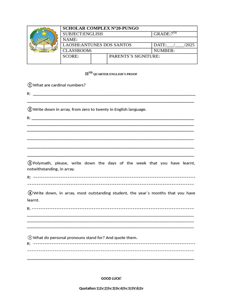 Ii Quarter English Exam 7TH Grade | PDF