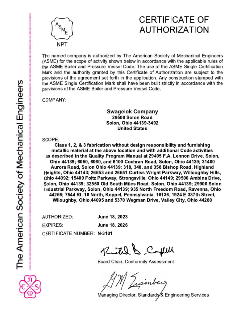 Asme NPT Certificate Swagelok | PDF