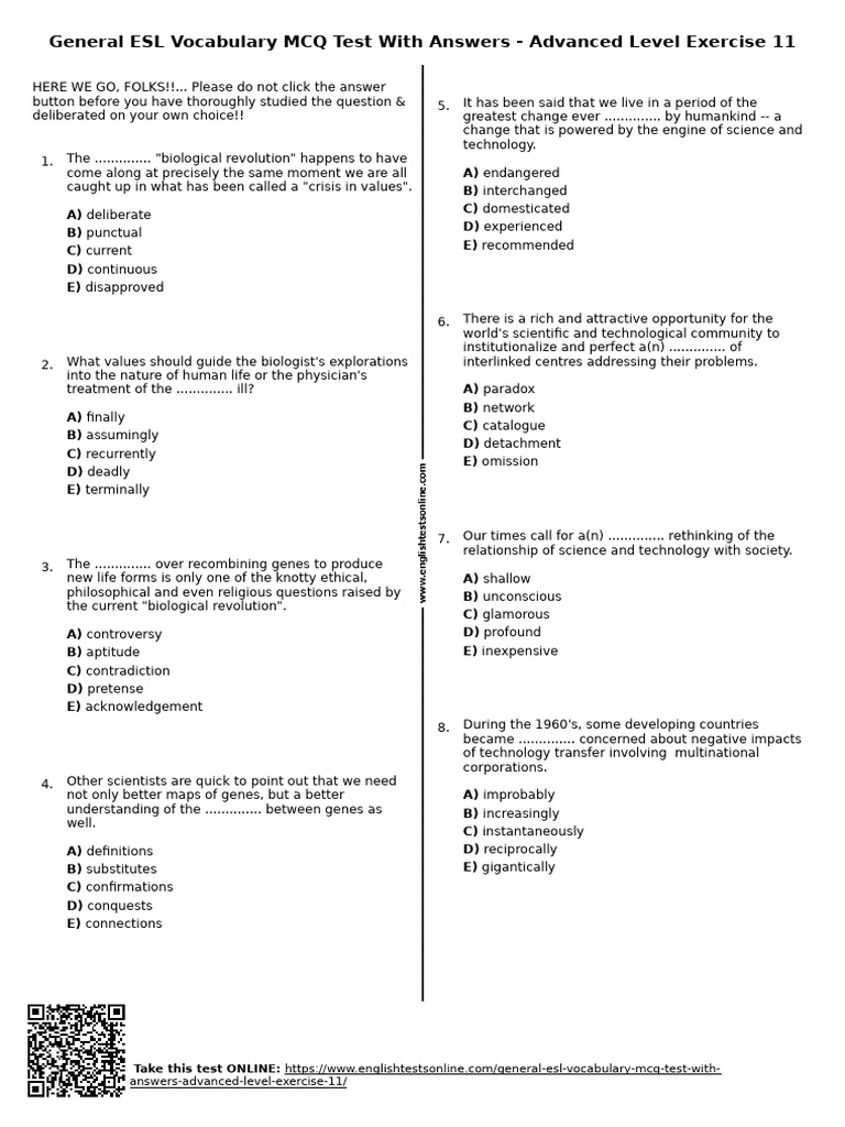 665 - General Esl Vocabulary MCQ Test With Answers Advanced Level ...