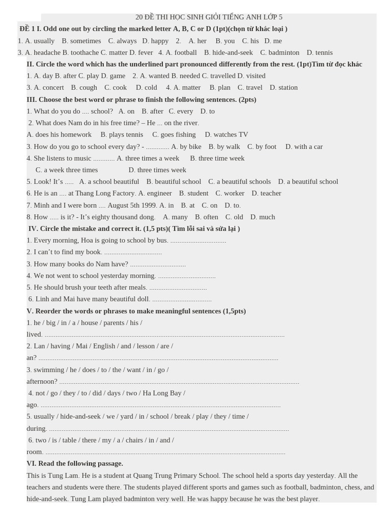 (Lib24.vn) 20-De-Thi-Hsg-Lop-5-Va-Luyen-Viet | PDF | Vietnam