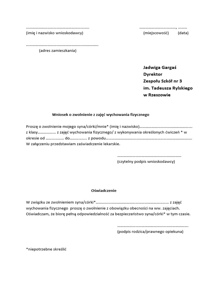 Wniosek o Zwolnienie Z WF | PDF