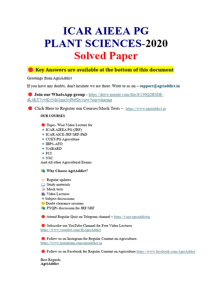 ICAR PG Plant Sciences 2020 | PDF | Gene | Pathogen