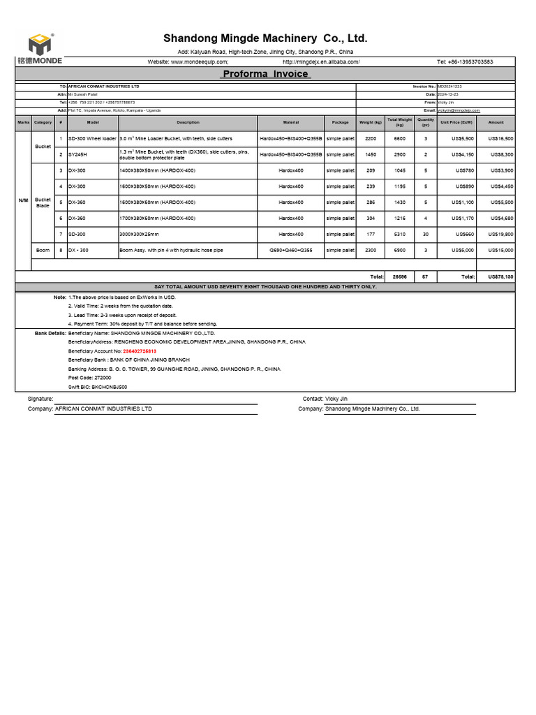 Proforma Invoice of buckets and boom (ExW) 20241223 | PDF | Banking