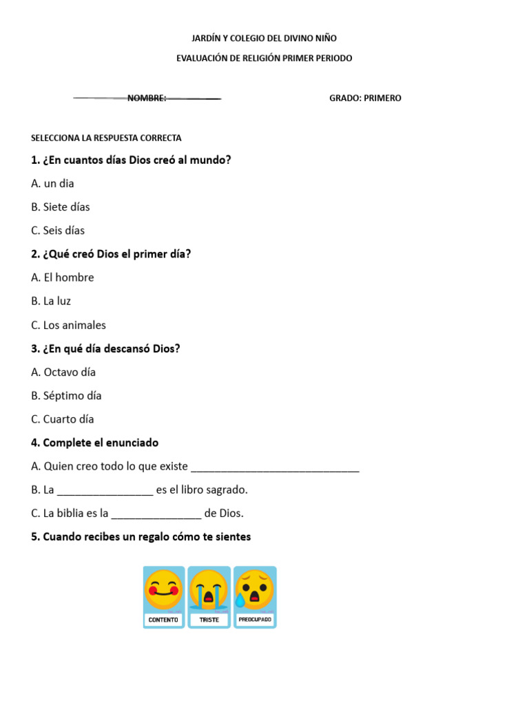 PRUEBA RELIGIÓN - GRADO PRIMERO.docx | PDF