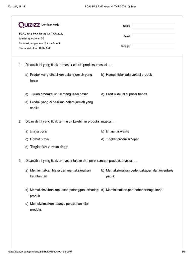 SOAL PAS PKK Kelas XII TKR 2020 - Quizizz | PDF