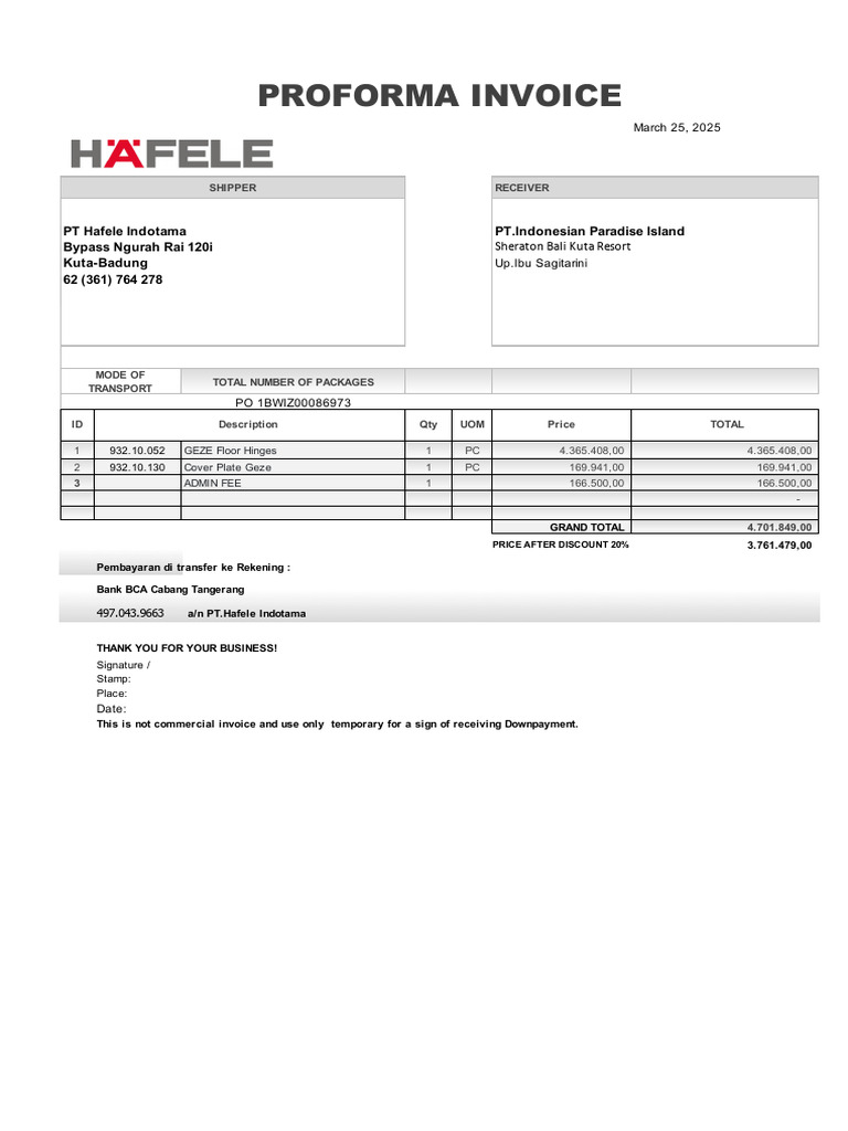 Proforma Invoice for PT Hafele Indotama | PDF