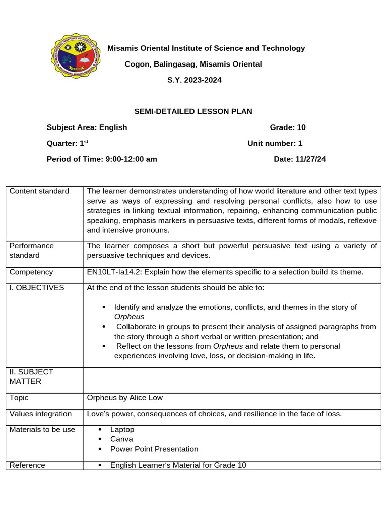 Galia Lesson Plan Literature02 | PDF | Hades | Orpheus