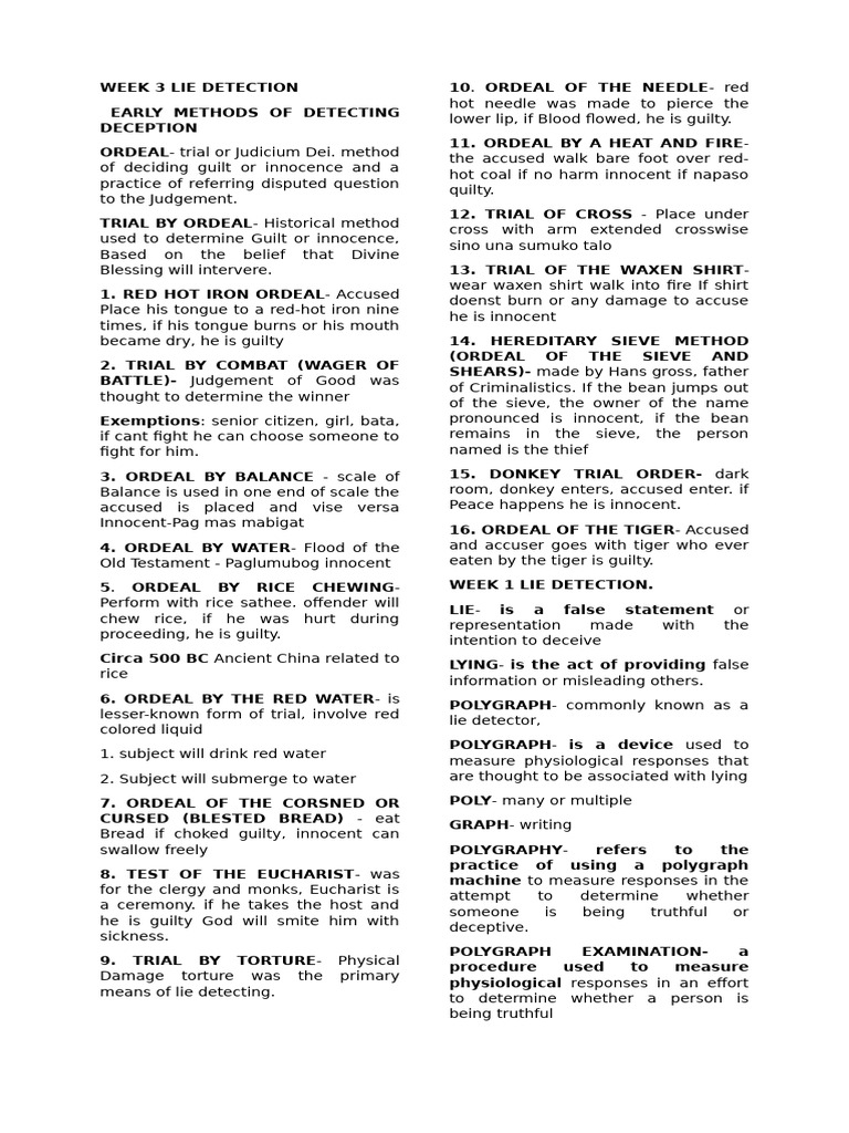 LIE DETECTION WEEK 1 AND 3 | PDF | Polygraph | Deception