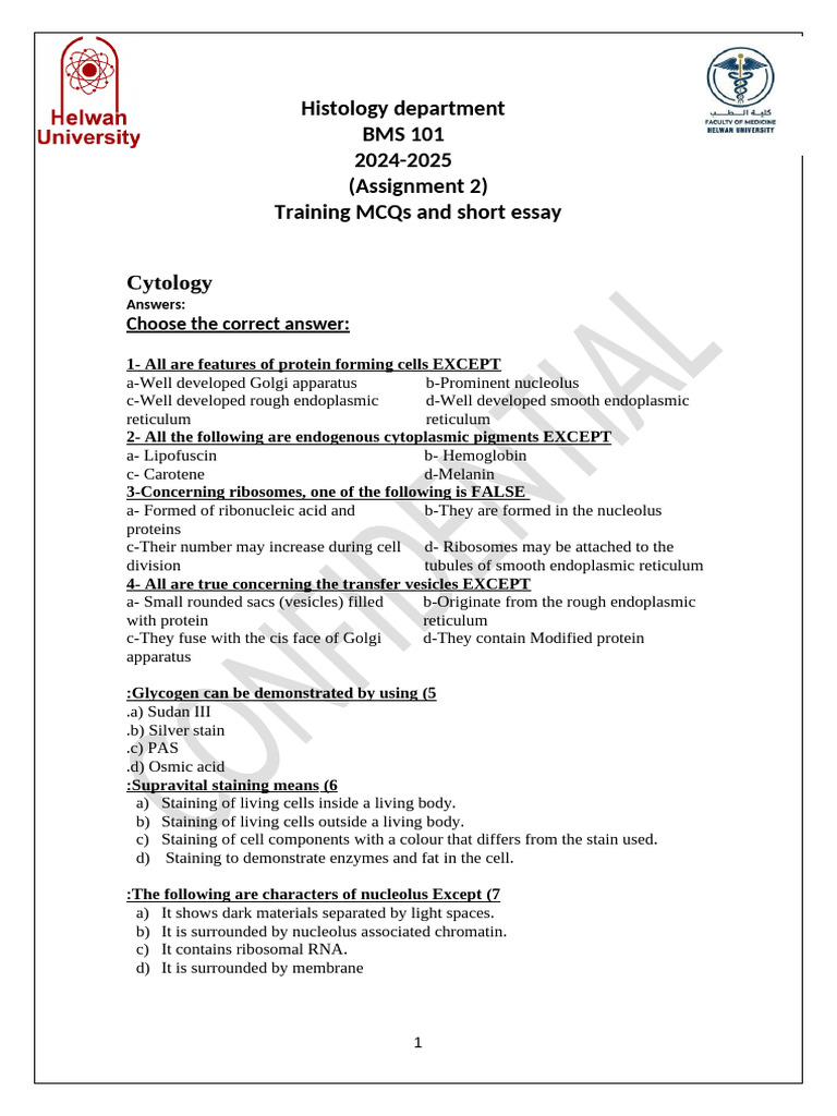 Histology Assignment Answers | PDF | Epithelium | Connective Tissue