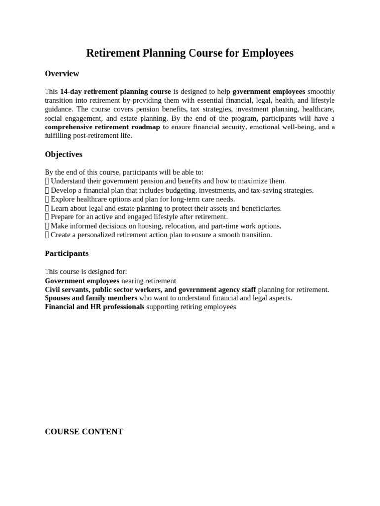 1 Retirement Planning Course For Employees | PDF | Retirement | Pension
