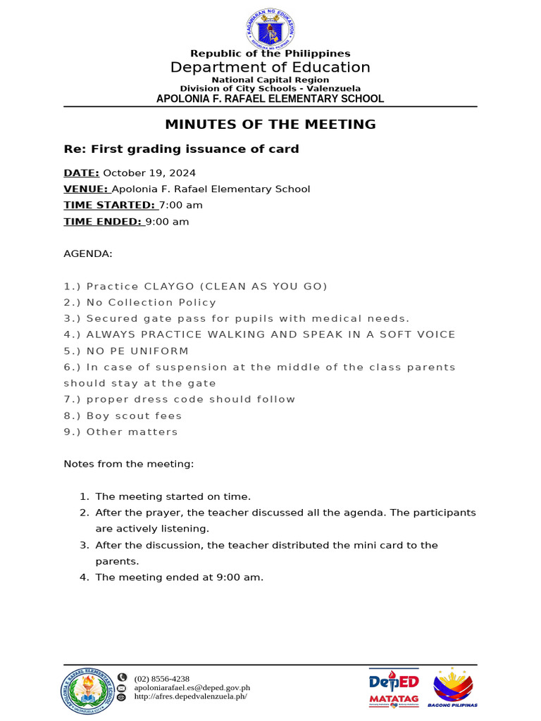 Meeting Minutes: First Grading Card Issuance | PDF