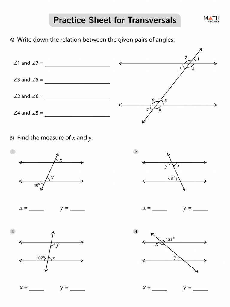 Transversal Practice Worksheet Combined | PDF