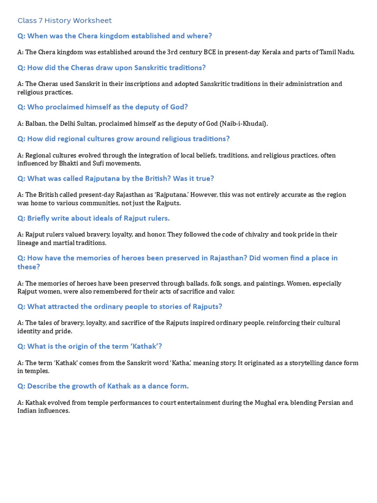 Class7 History Worksheet Complete | PDF