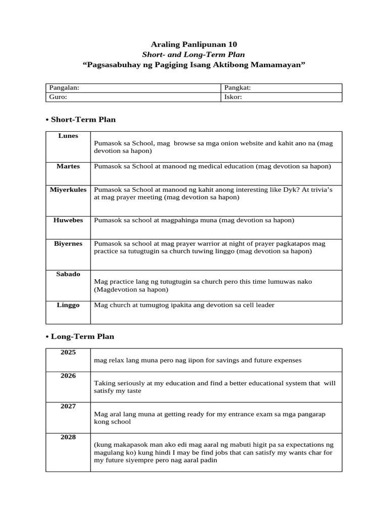 Template - Short-And-Long-Term-Plan-AP10-Project | PDF