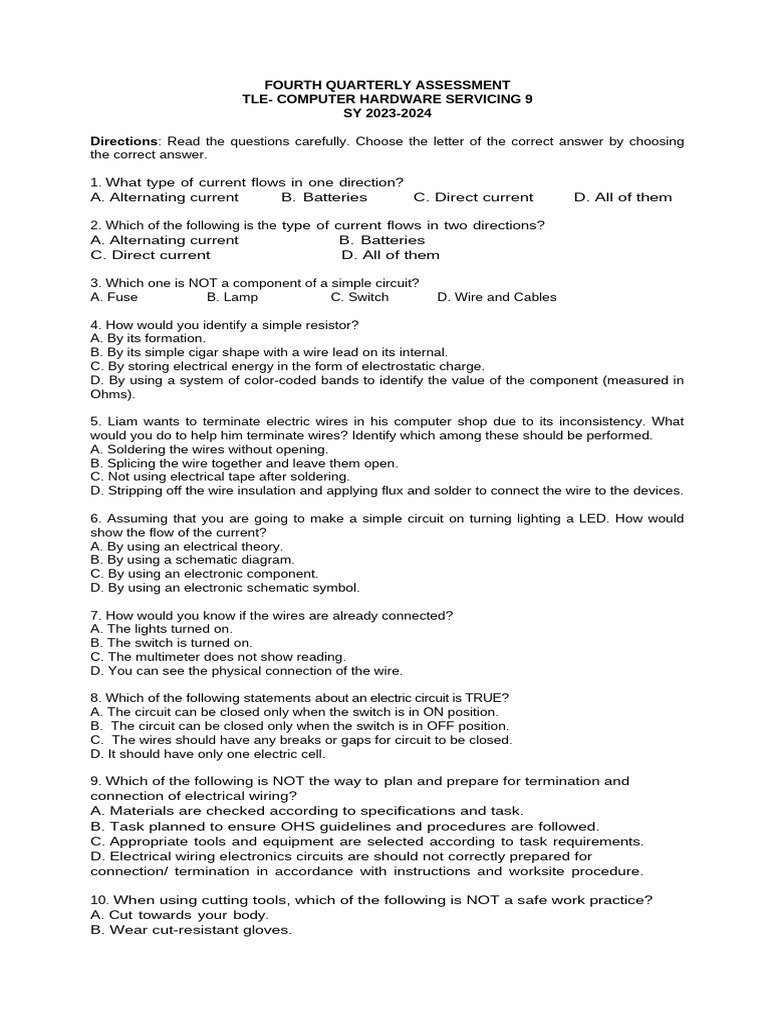 4th Quarter Exam TLE CSS9 | PDF | Resistor | Electrical Network