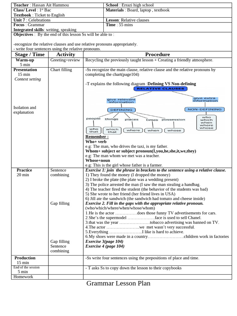 Lesson Plan - Grammar Relative Clauses | PDF | Clause | Sentence ...