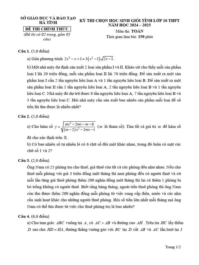 De Chon Hoc Sinh Gioi Tinh Toan 10 Nam 2024 2025 So GDDT Ha Tinh | PDF
