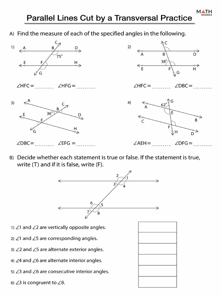 2 Parallel Lines Cut by A Transversal Worksheet | PDF