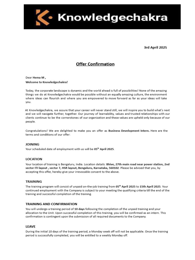 Hema Offer Letter Internship.docx | PDF | Background Check | Justice