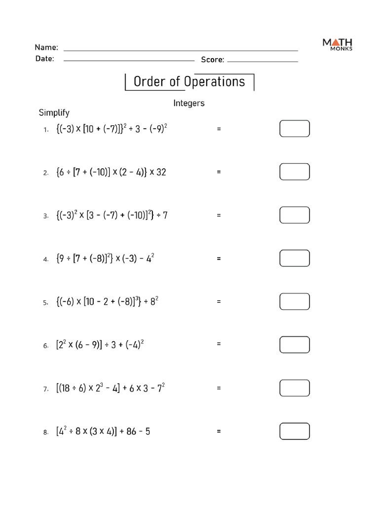 Order of Operations With Integers Worksheet | PDF