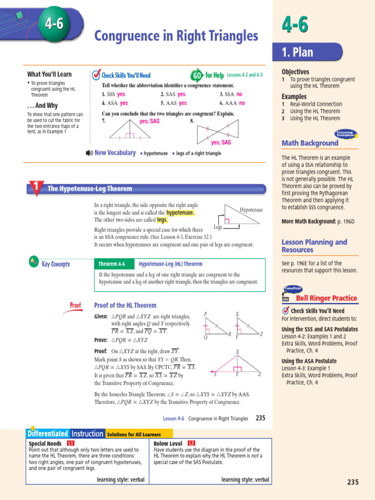 Hypotenuse-Leg Theorem in Right Triangles | PDF | Triangle Geometry ...