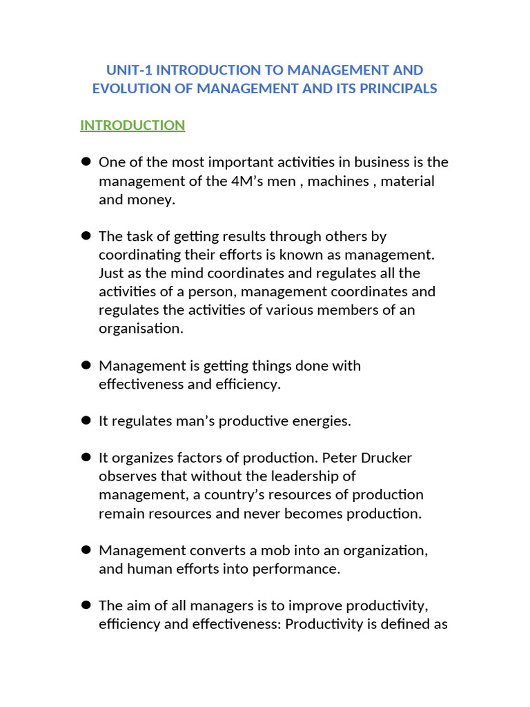 Unit - 1 Introduction of Management and Evolution and Principal of ...