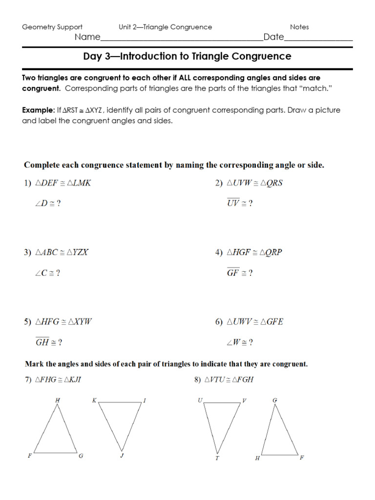 Unit 2 Day 4 Notes - Triangle Congruence | PDF | Triangle | Geometric ...