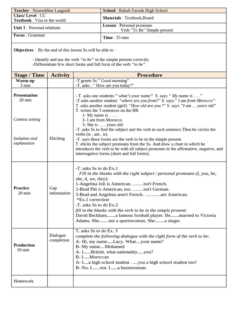 Lesson-Plan-Grammar-Personal-Pronouns-To-Be-present-CC | PDF ...