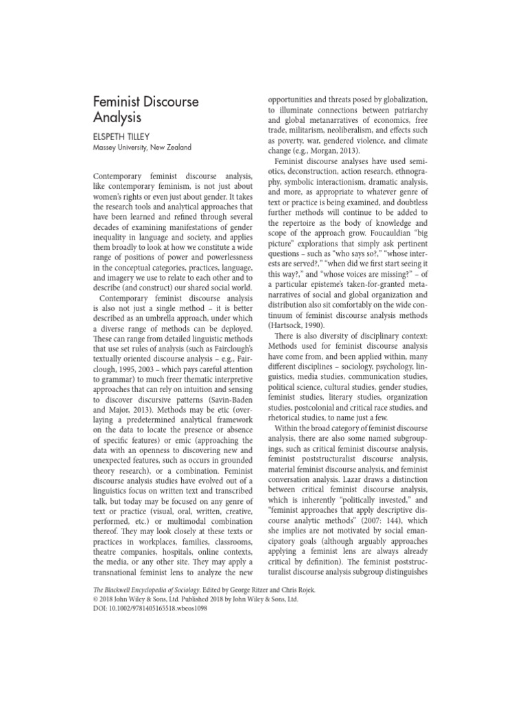 Feminist Discourse Analysis ELSPETH TILLEY | PDF | Feminism | Gender ...