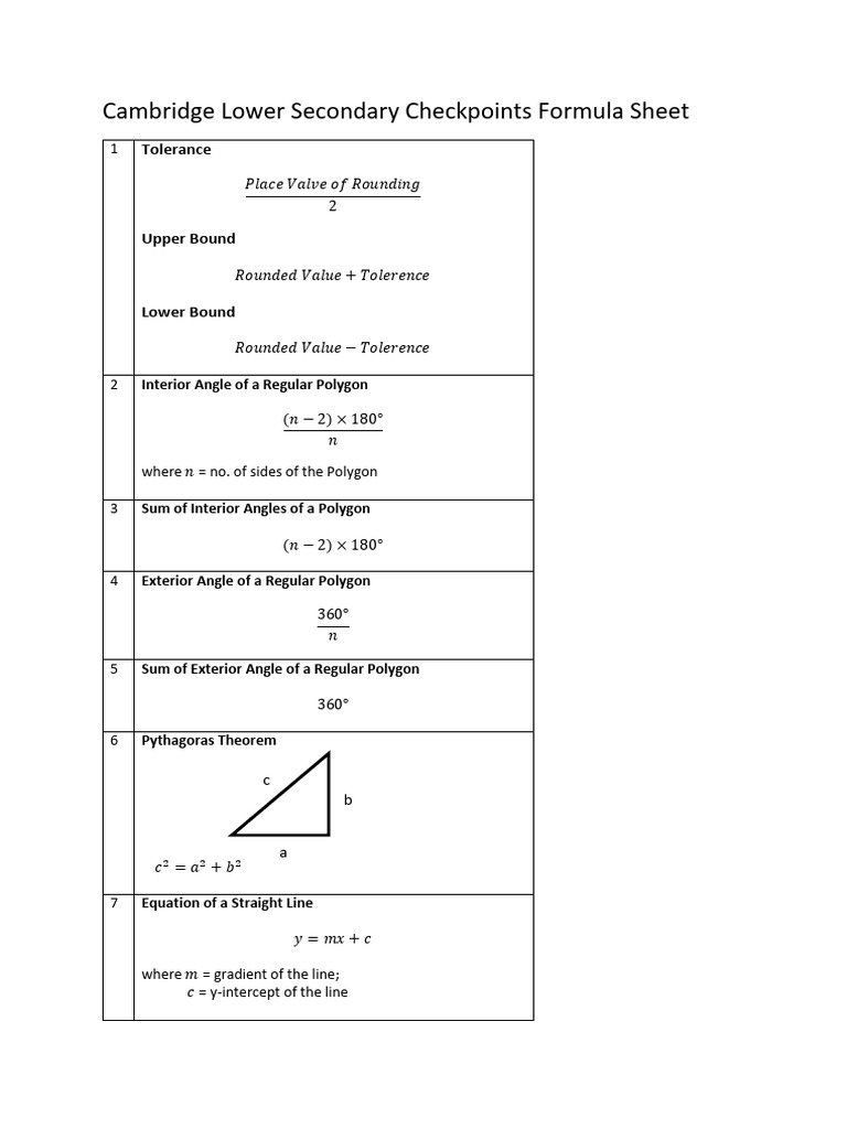 Cambridge Lower Secondary Maths Formulas | PDF | Area | Euclidean Geometry