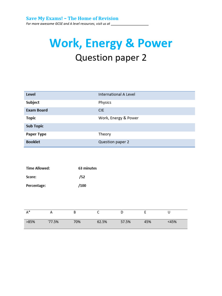 Work, Energy & Power Exam Paper | PDF | Student Assessment And ...