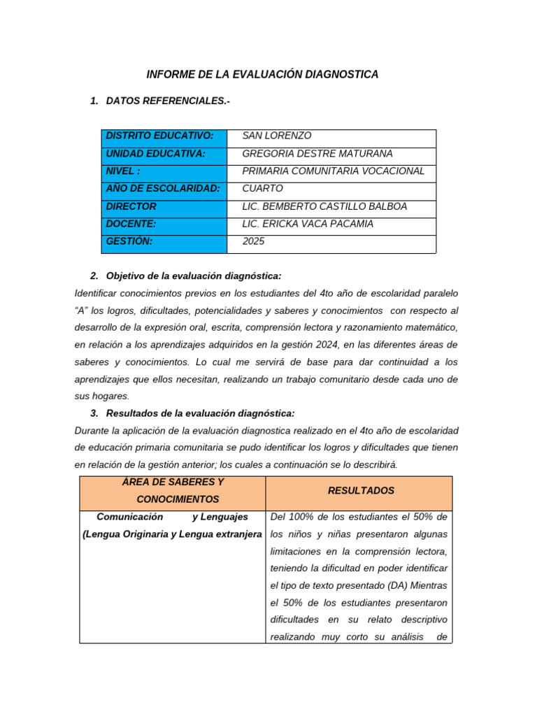 INFORME DE LA EVALUACION DIAGNOSTICA 4to A | PDF | Comprensión lectora | Cognición