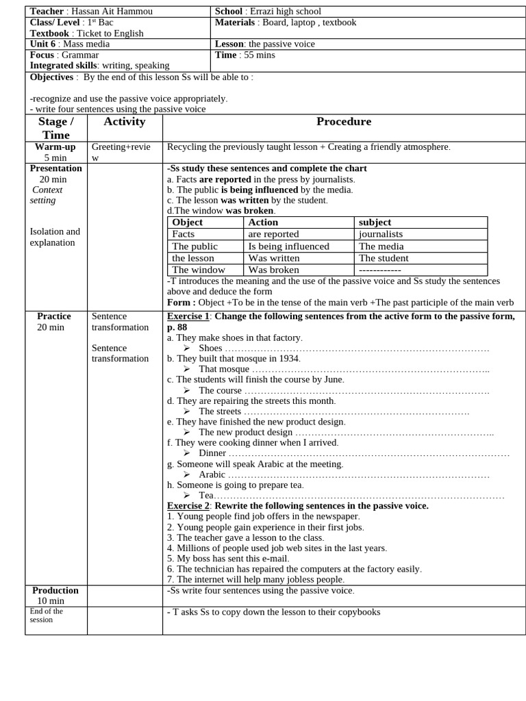 Lesson Plan -Grammar Passive voice | PDF | Verb | Syntax