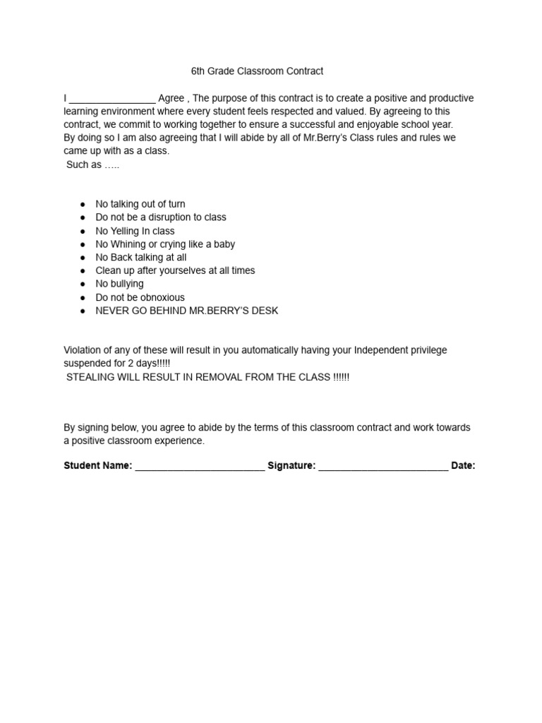 6th Grade Classroom Contract | PDF