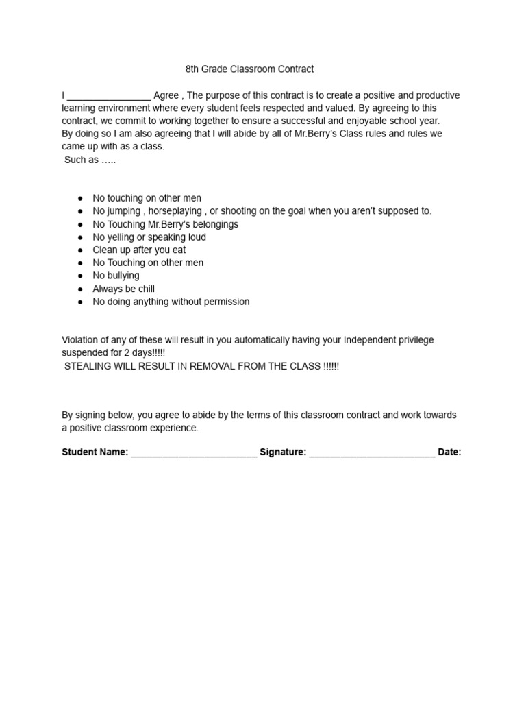 8th Grade Classroom Contract | PDF