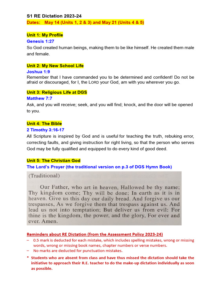 S1 RE Dictation - Units 1-5 Verses (2023-24) Students | PDF