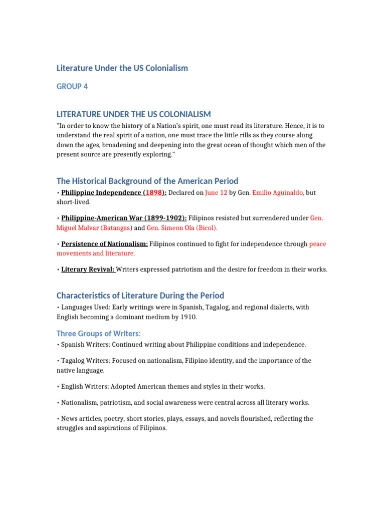 Literature Under US Colonialism Study Notes | PDF | Philippines